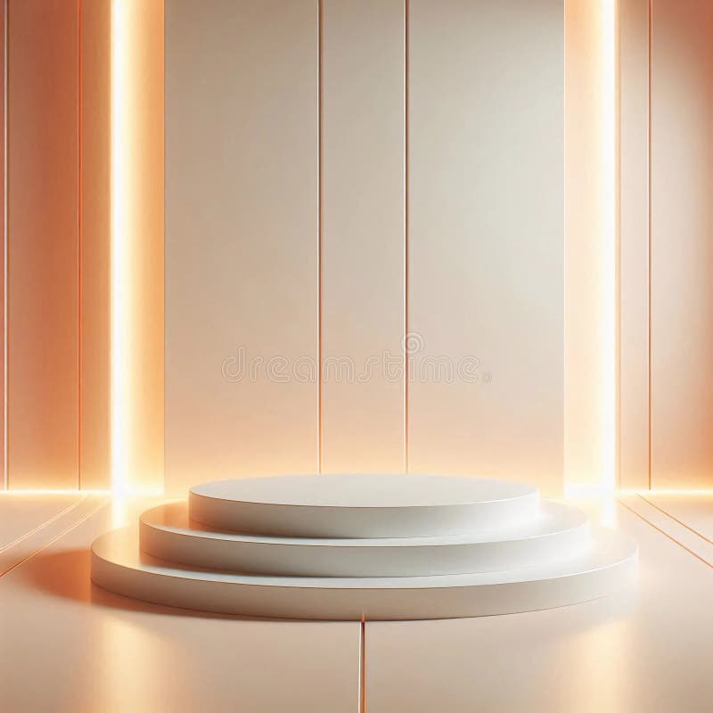 A Modern Minimalist Stage with Hanging Spheres and Soft Lighting ...