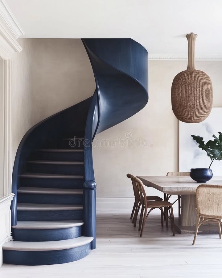 Modern Minimalist Staircase Unique Curved Design Bold Blue Color Scheme ...