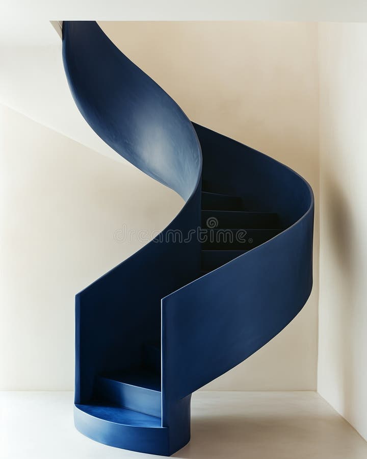 Modern Minimalist Staircase Unique Curved Design Bold Blue Color Scheme ...