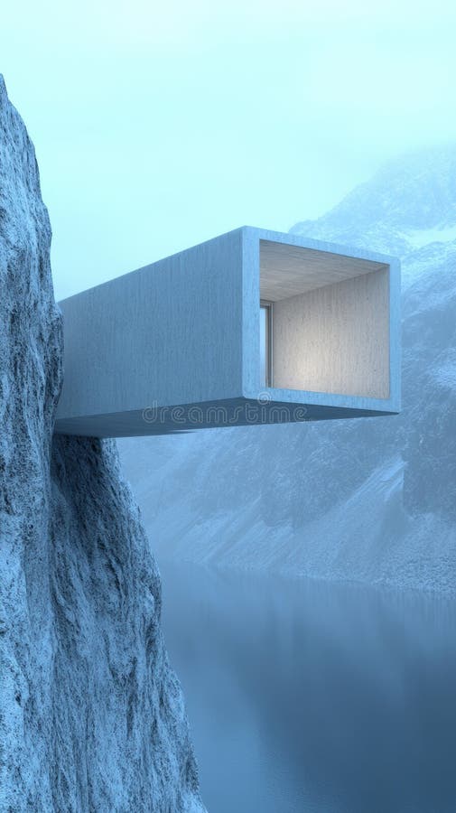 Modern Minimalist Structure Juts Out from a Cliff Over a Serene, Misty ...