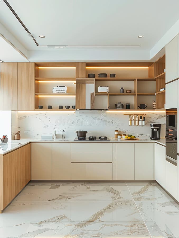 Modern Minimalist Style Beige Kitchen Cabinets Stock Photo - Image of ...