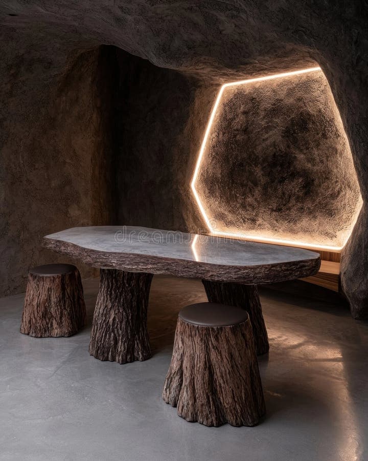 Modern Minimalist Table and Chairs in a Cave-like Setting Stock ...