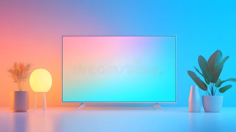 Modern Minimalist Television Display with Gradient Lighting and Plants ...