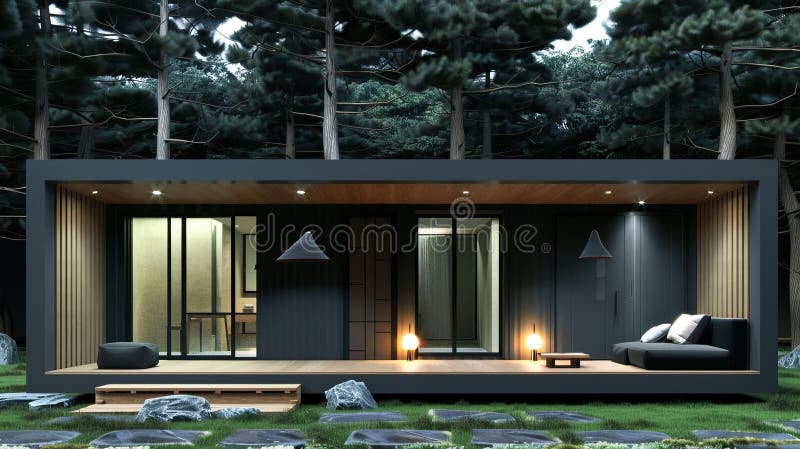 Modern Minimalist Tiny Home in Forest Setting with Warm Lighting at ...