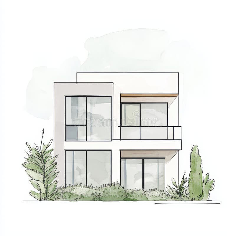 A Modern, Minimalist Two-story House Illustration with Greenery Stock ...