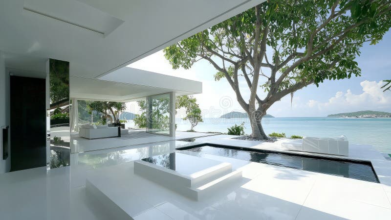 Modern Minimalist Villa with Infinity Pool Overlooking the Ocean and Tropical Trees Stock Photo ...