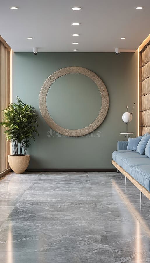Modern Minimalist Waiting Area with Green Wall, Circular Mirror Frame ...
