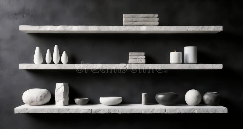 Modern Minimalist Wall Shelves with White Marble and Stone Decor Stock ...