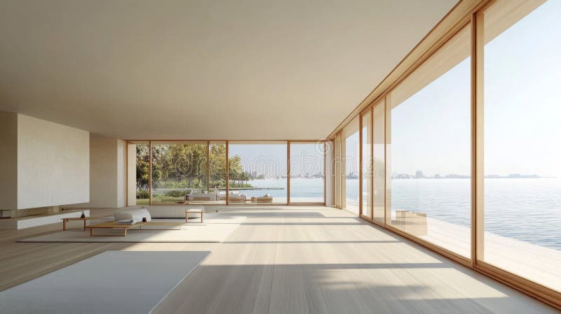 Modern Minimalist Waterfront Living Room with Ocean View Stock ...