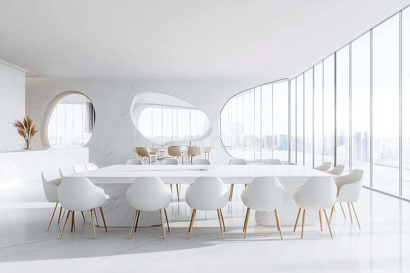 Modern Minimalist White Conference Room with Large Windows and Abstract ...