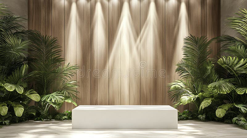 Modern Minimalist White Display Platform with Tropical Plants and ...