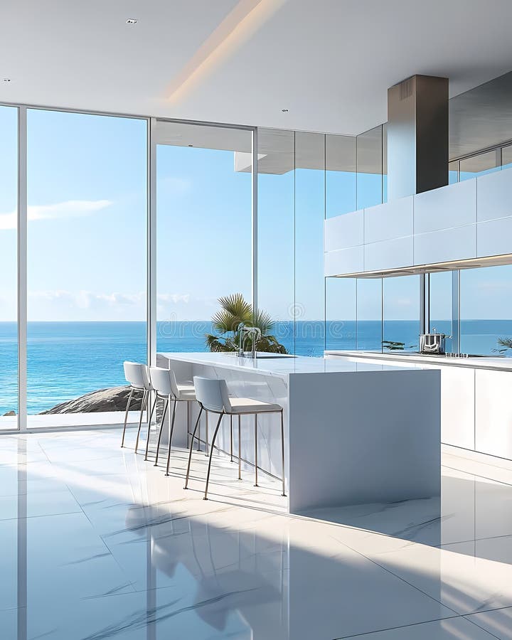 Modern Minimalist White Kitchen Overlooking Inspiring Ocean View Stock ...