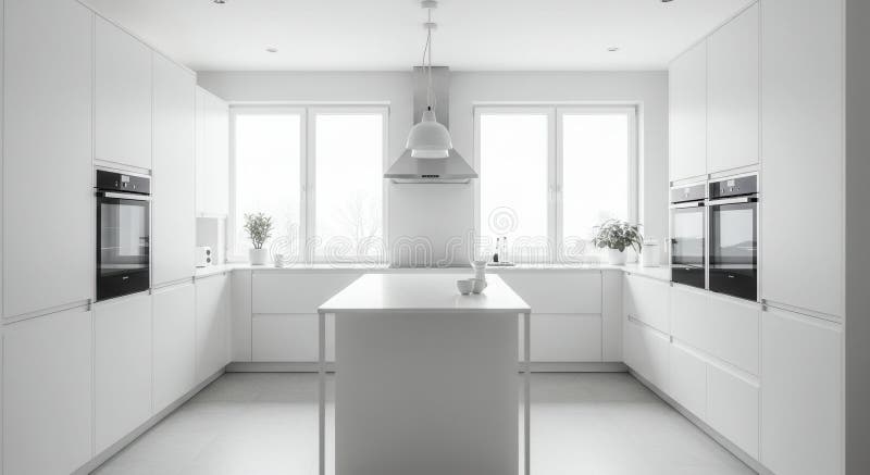 Modern Minimalist White Kitchen Interior with Central Island and ...