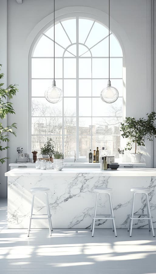 Modern Minimalist White Kitchen with Large Arched Window, Island, and ...