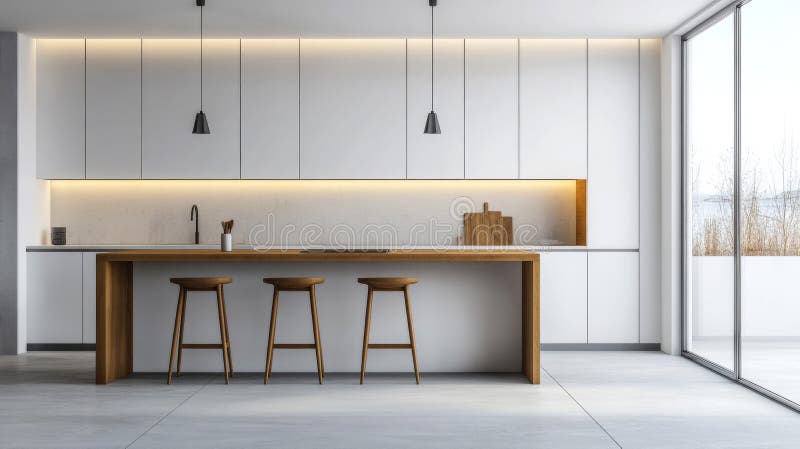 Modern Minimalist White Kitchen with Wooden Island Stock Illustration ...