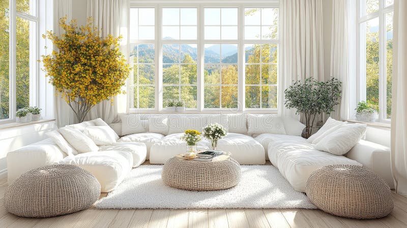 Modern Minimalist White Living Room Interior with Sofa, Big Windows ...