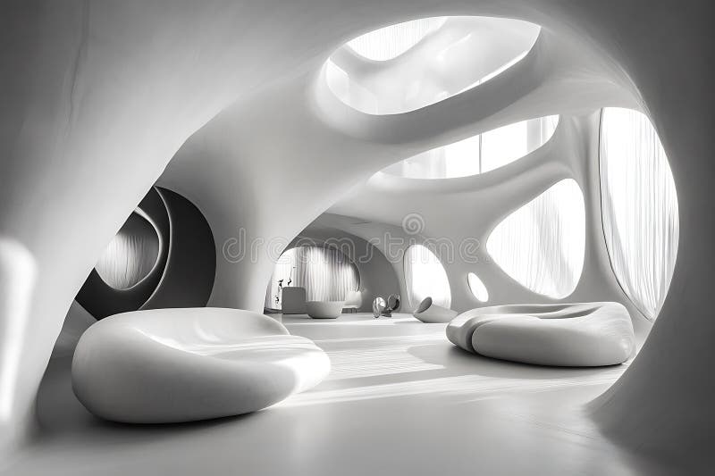 Modern Minimalist White Organic Architecture Interior Design Rendering ...