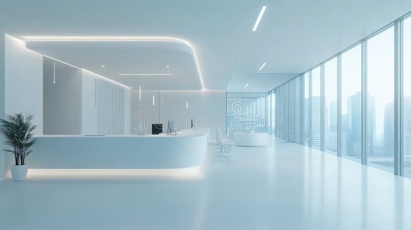Modern Minimalist White Reception Area with City View Stock ...