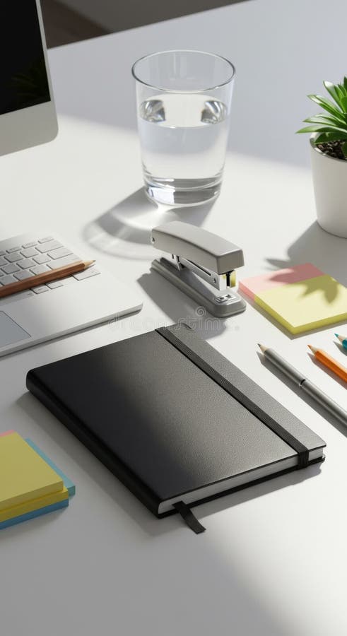 Modern Minimalist Workspace with Black Notebook Stock Illustration ...