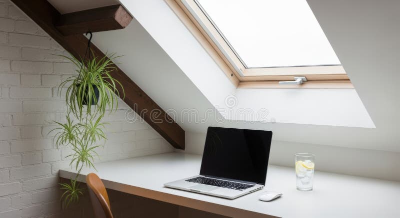Modern Minimalist Workspace in Bright Attic with Laptop and Natural ...