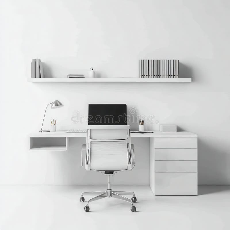 Modern Minimalist Workspace Featuring a Desk, Chair, Computer, and ...