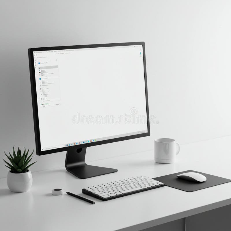 A Modern, Minimalist Workspace Featuring a Widescreen Computer Monitor ...