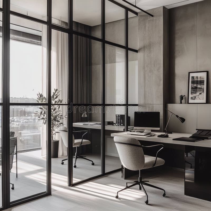 Modern Minimalist Workspace with Glass Doors and Desks Stock ...