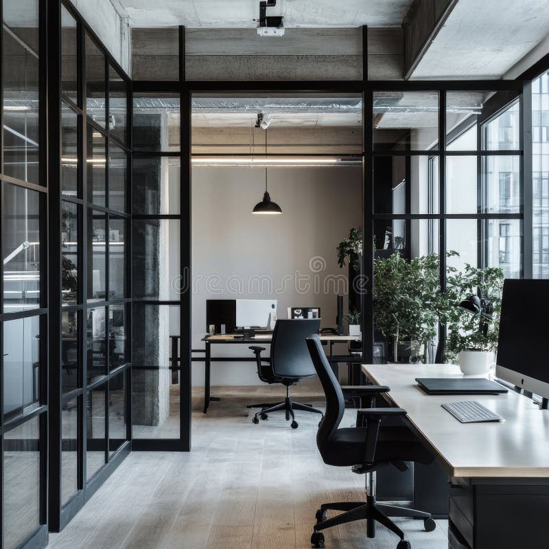 Modern Minimalist Workspace with Glass Doors Stock Illustration ...