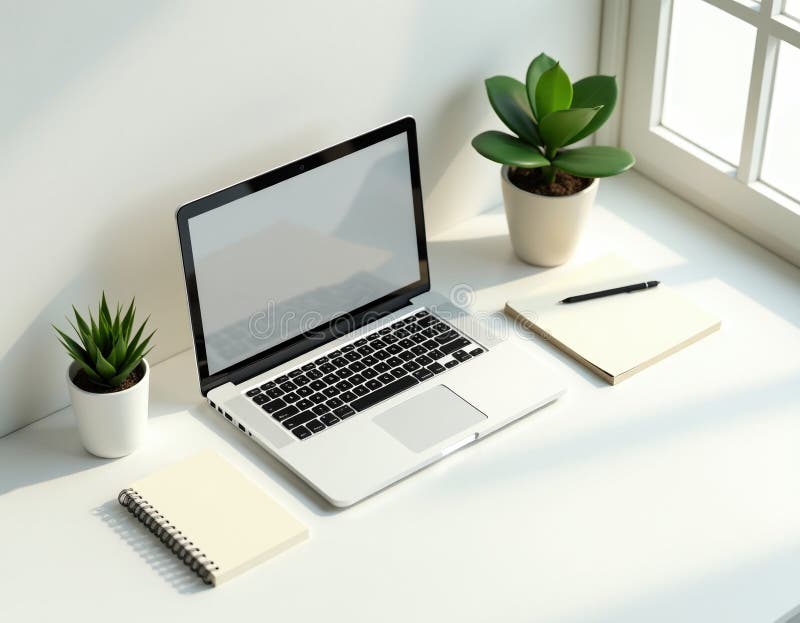Modern Minimalist Workspace Laptop, Notebooks, and Plants on White Desk ...