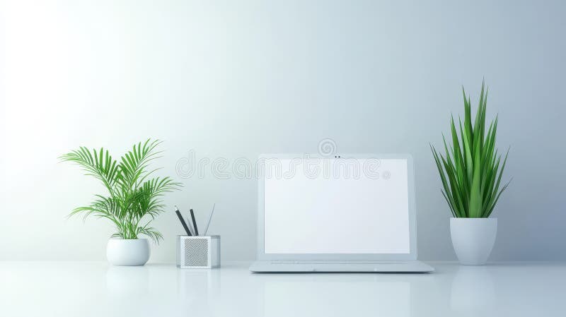 Modern Minimalist Workspace, Laptop, Plant, and Notebook on White Desk ...