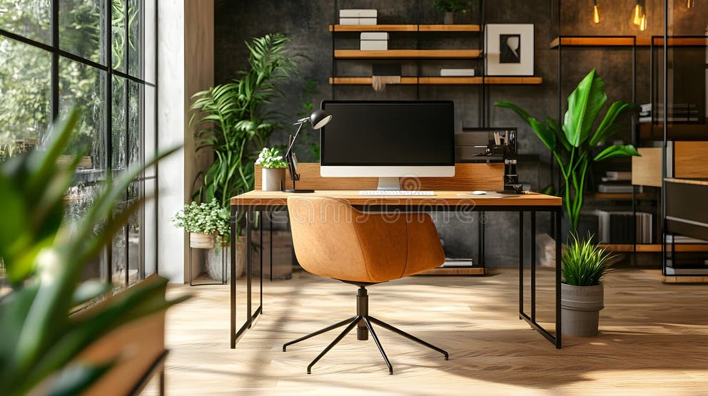 A Modern Minimalist Workspace with Large Screens Stock Illustration ...