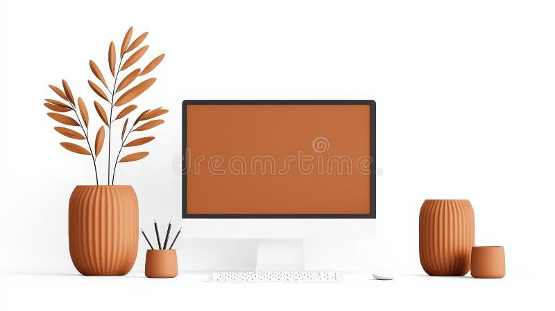 Modern Minimalist Workspace with Terracotta Accents, Computer, and ...