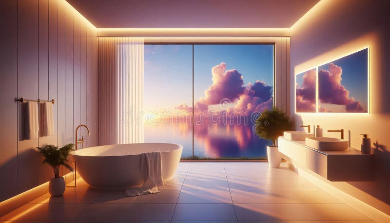 A Modern, Minimalistic Bathroom Overlooking the Ocean at Sunset. Stock ...