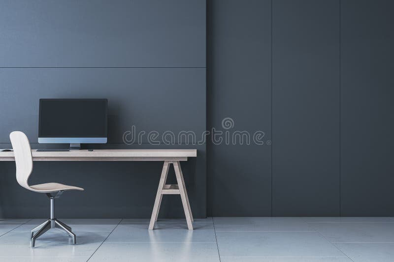 Modern Minimalistic Black Interior with Workplace and Computer Monitor ...