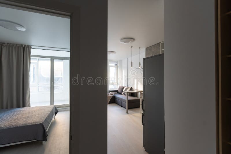 Modern Minimalistic Dark Gray Loft Style Studio Apartment Interior ...