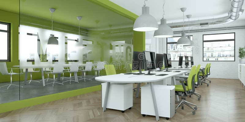 Modern Minimalistic Green Office Interior Design 3d Rendering Stock ...