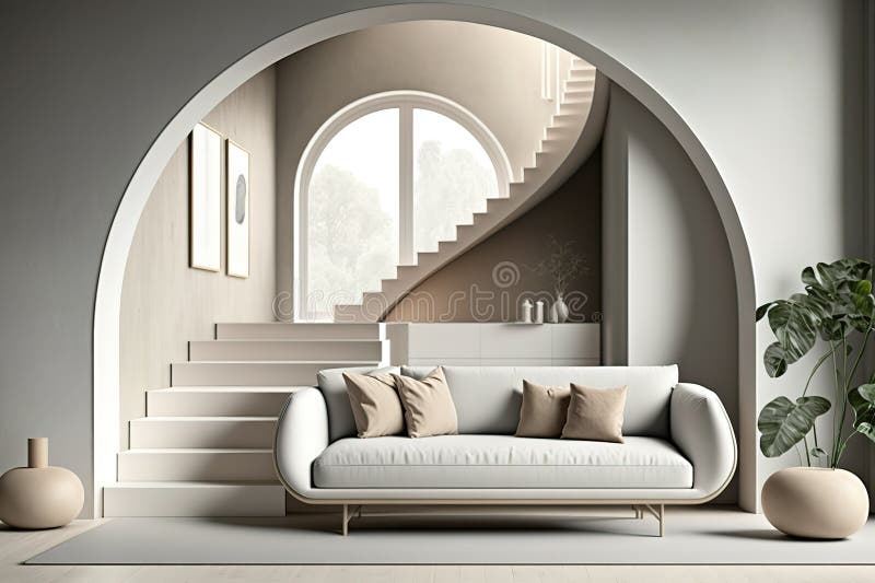 Modern Minimalistic Interior with Sofa, Arch and Stairs Illustration ...