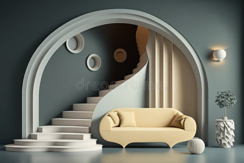 Modern Minimalistic Interior with Sofa, Arch and Stairs Illustration ...