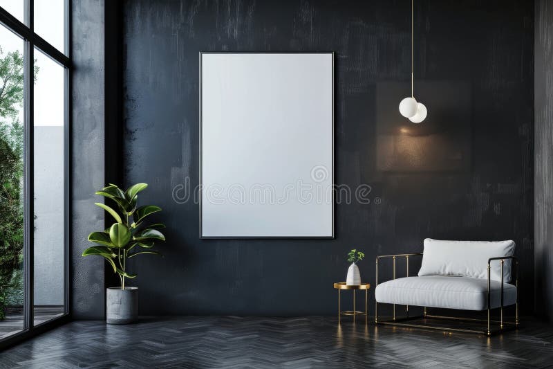 Modern Minimalistic Living Room with Blank Frame and Indoor Plant Stock ...