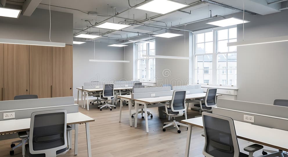 Modern, Minimalistic Office Space Featuring Rows of White Desks with ...