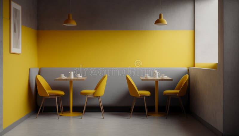 Modern, Minimalistic Restaurant Interior Concept, Yellow Wall and Chair ...