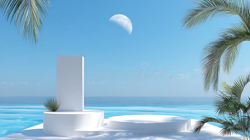 Modern Minimalistic Scene with Geometric White Structures Overlooking a ...