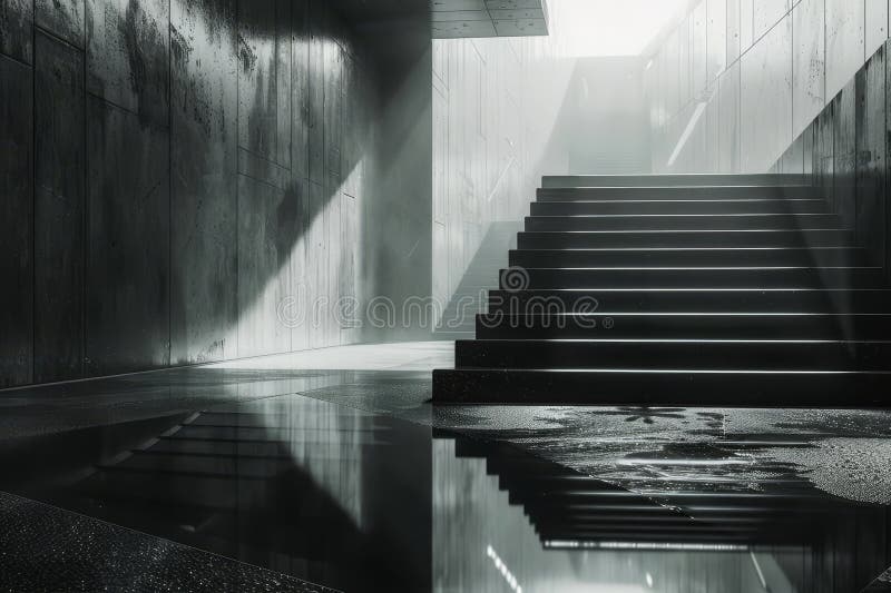 Modern, Minimalistic Staircase with Dramatic Lighting and Reflections ...