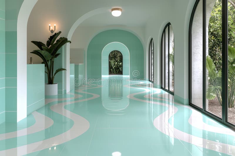 Modern Mint Green Hallway Interior with Wavy Floor Design Stock ...