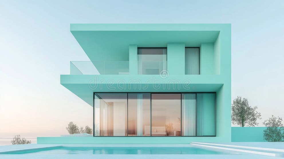 Modern Mint Green House with Pool and Sunset View Stock Illustration ...