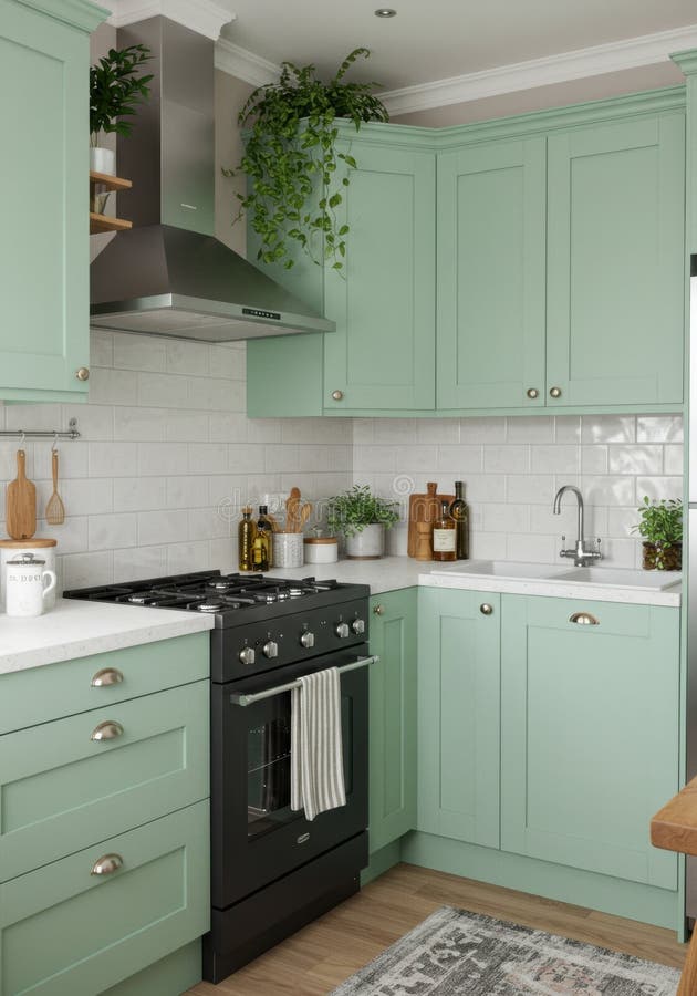 Modern Mint Green Kitchen Interior Design Stock Image - Image of calm ...