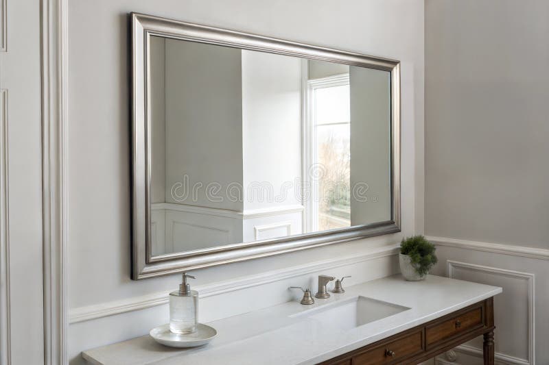 Modern Mirror on a Simple Wall Enhancing the Elegant Bathroom Ambiance ...