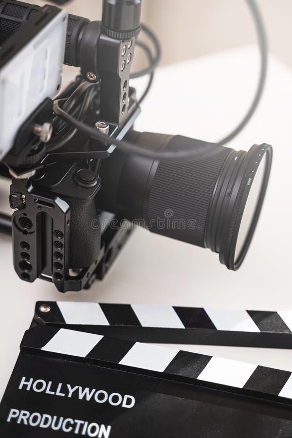 Modern Black Mirrorless Camera Rig and Clapperboard Stock Image - Image ...