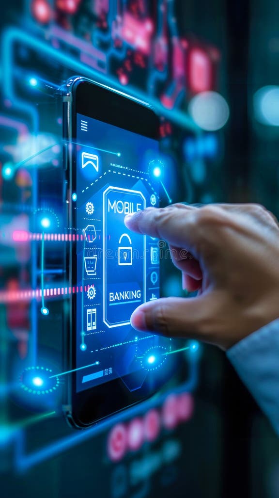 Modern Mobile Banking User Interacts with Financial Technology Icons on ...