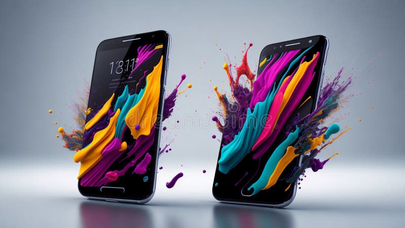 Modern Cell Phone with Abstract Multicolored Splashes. Stock ...